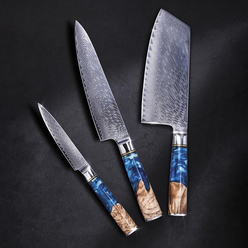 Blue Damascus Chefs Knife Set (set of 3)